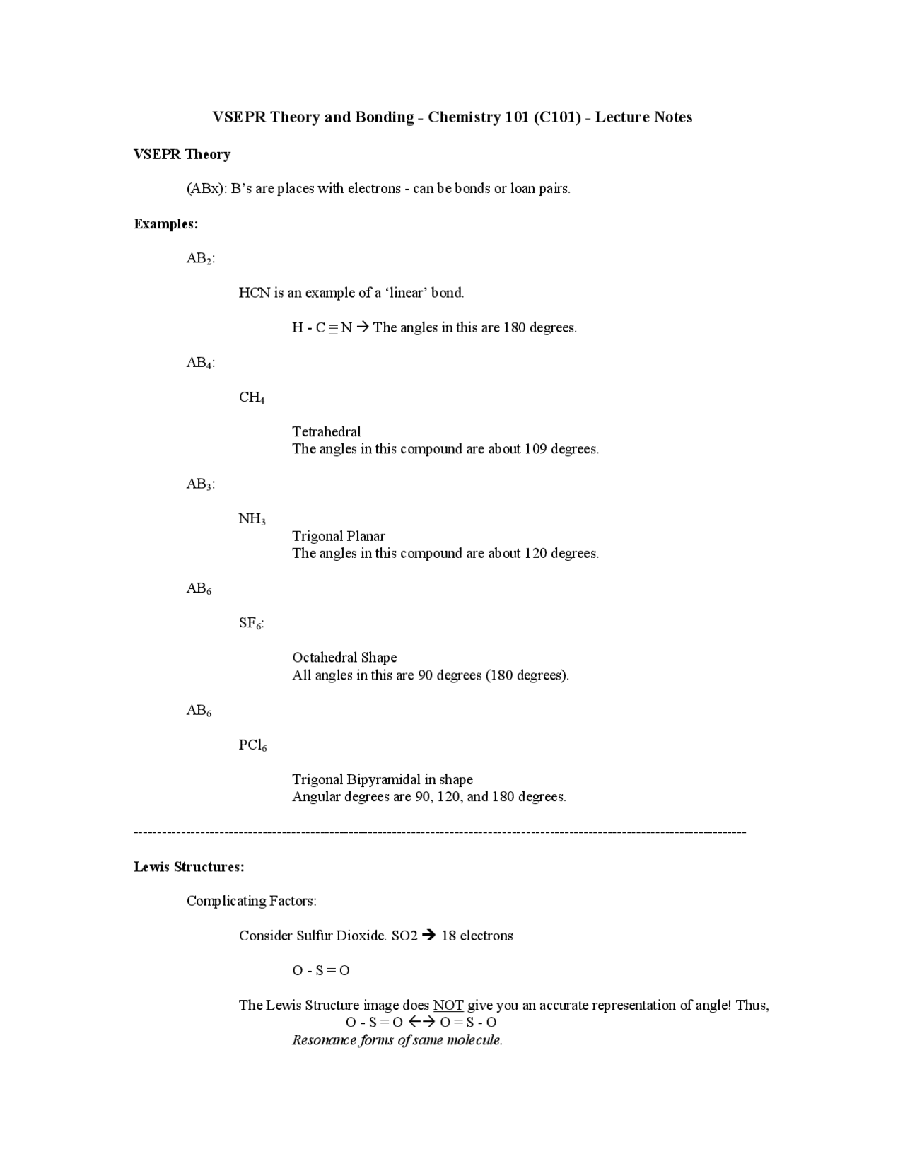 VSEPR Theory and Bonding - Chemistry 101 C101 - Lecture Notes - Docsity