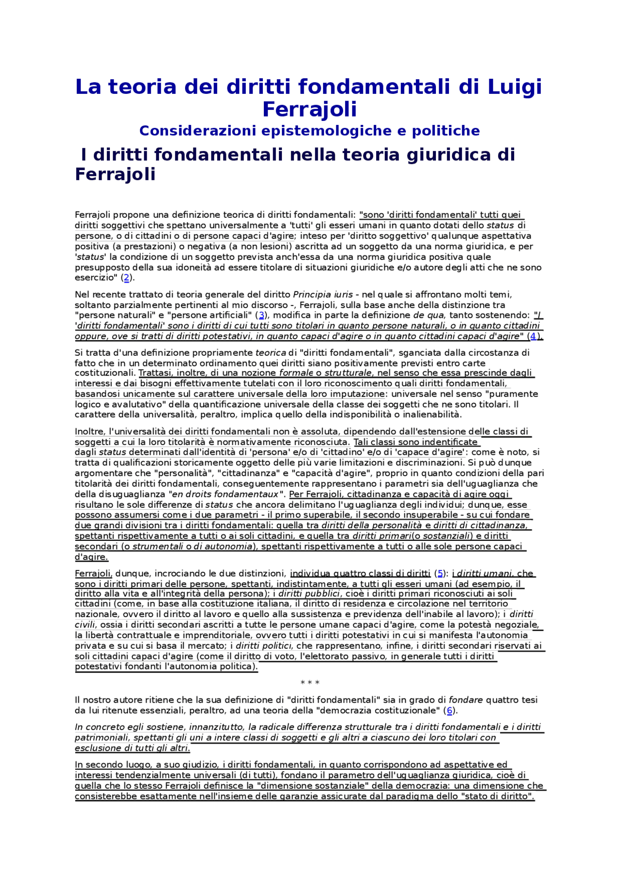 La teoria dei diritti fondamentali di Luigi Ferrajoli - Docsity