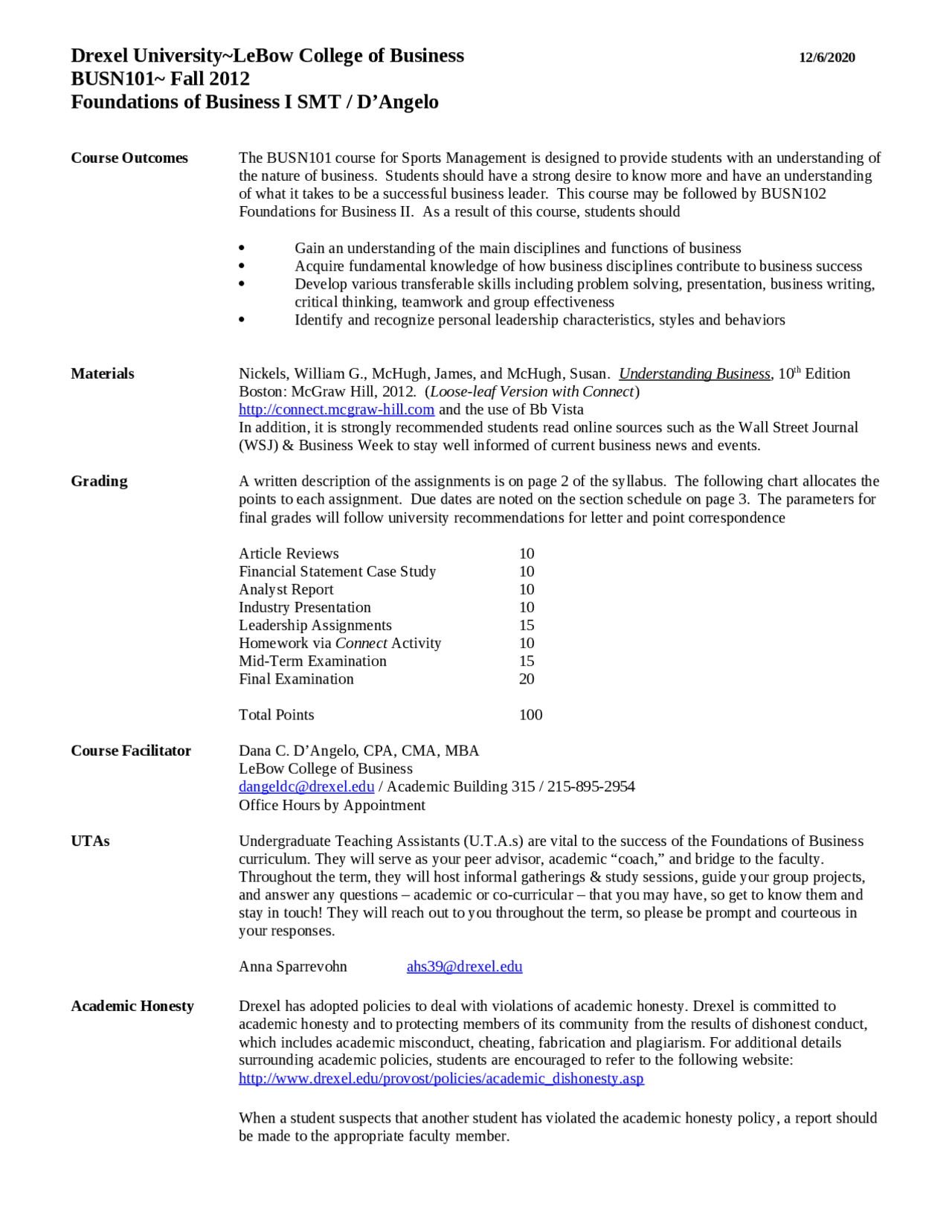 Introduction to Foundations of Business I - Syllabus | BUSN 101 - Docsity