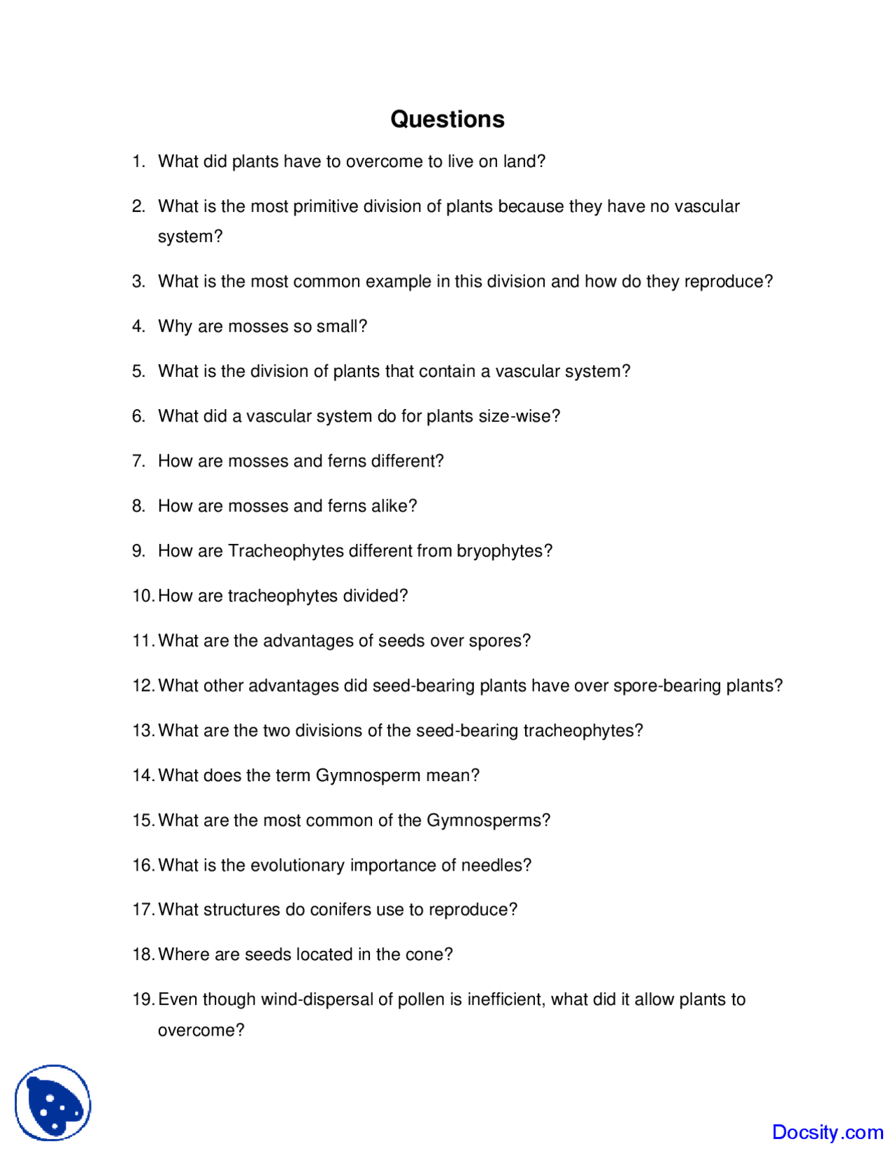 Plant Divisions Plant Science Quiz Docsity