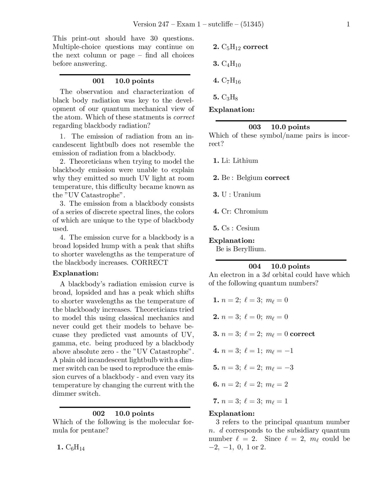 Exam I Solutions Principles Of Chemistry I Ch 301 Docsity