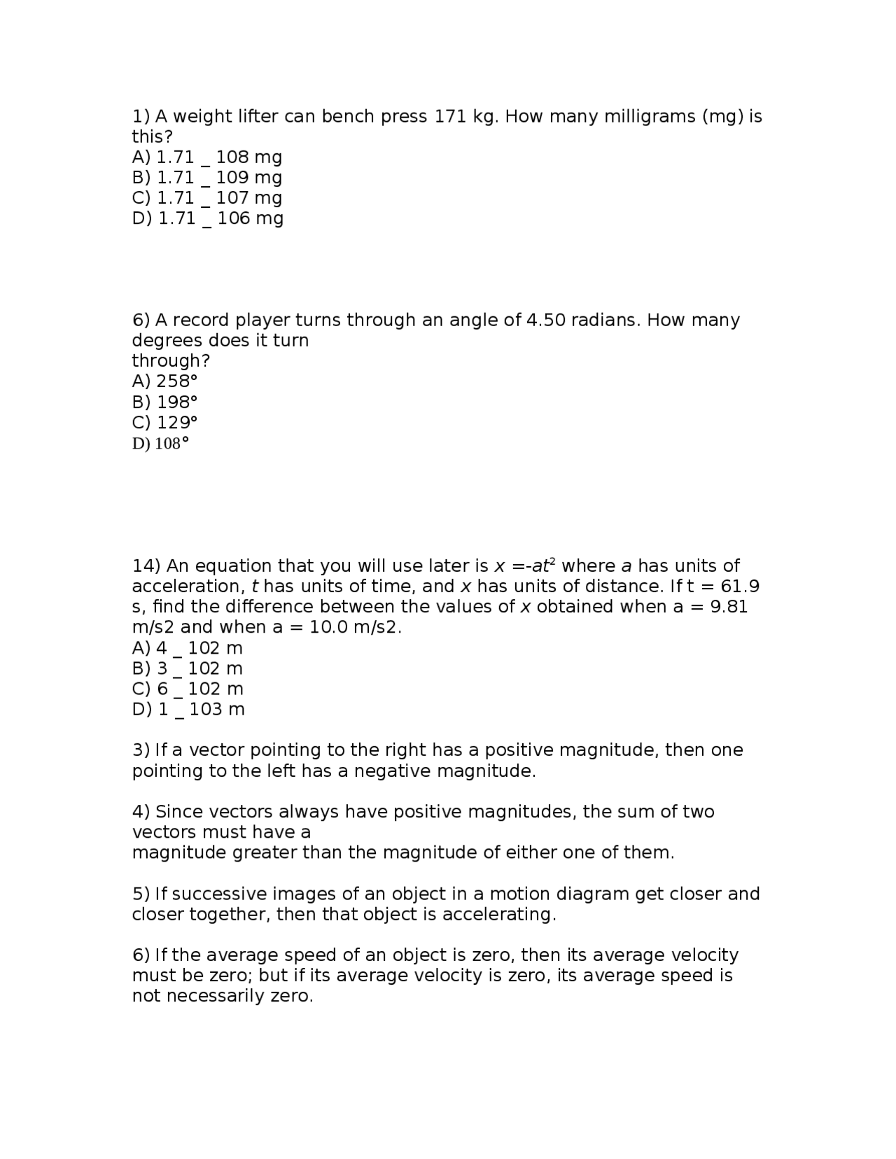 9 Multiple Choice Questions General Physics I Exam I Phsx 211