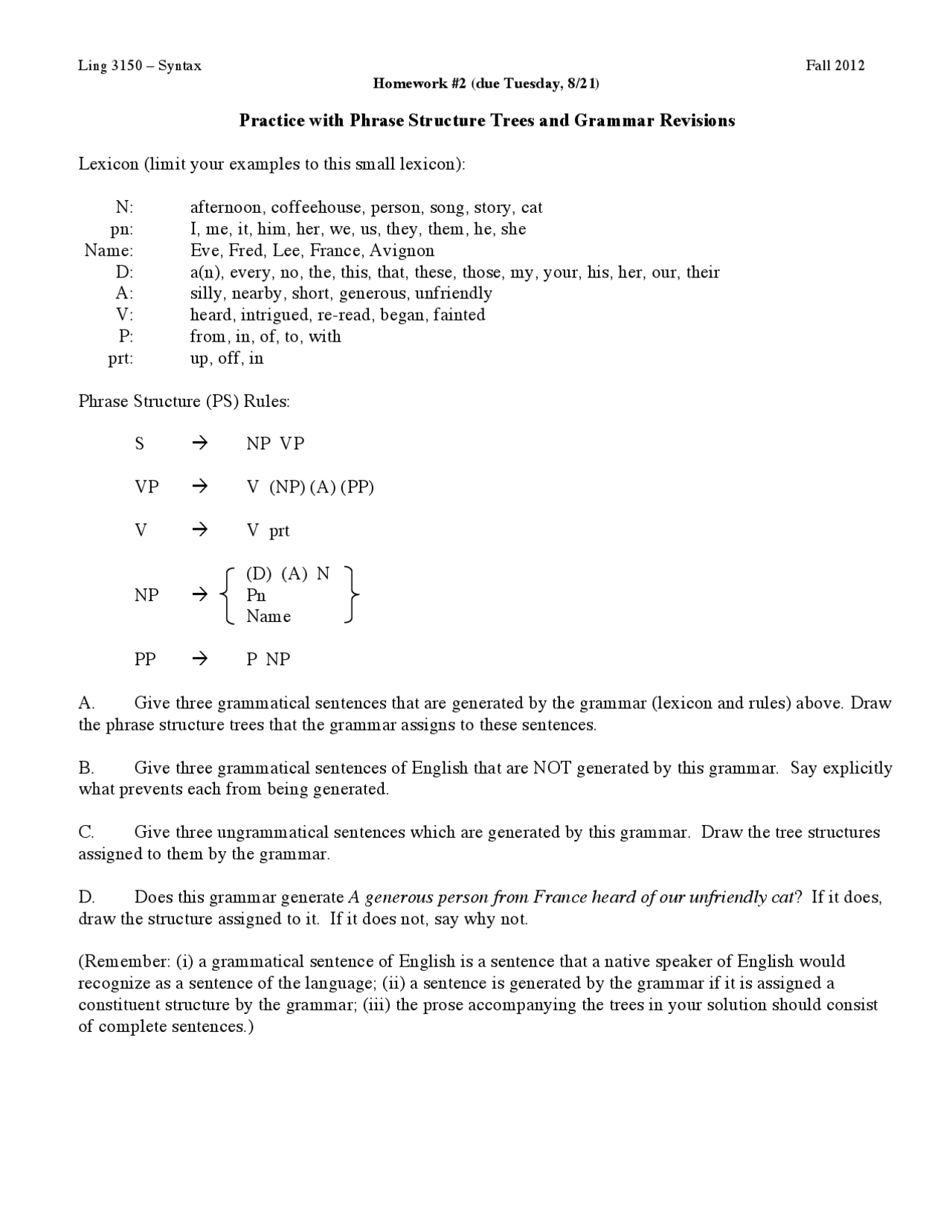 Practice With Phrase Structure Trees And Grammar Revisions Ling 3150