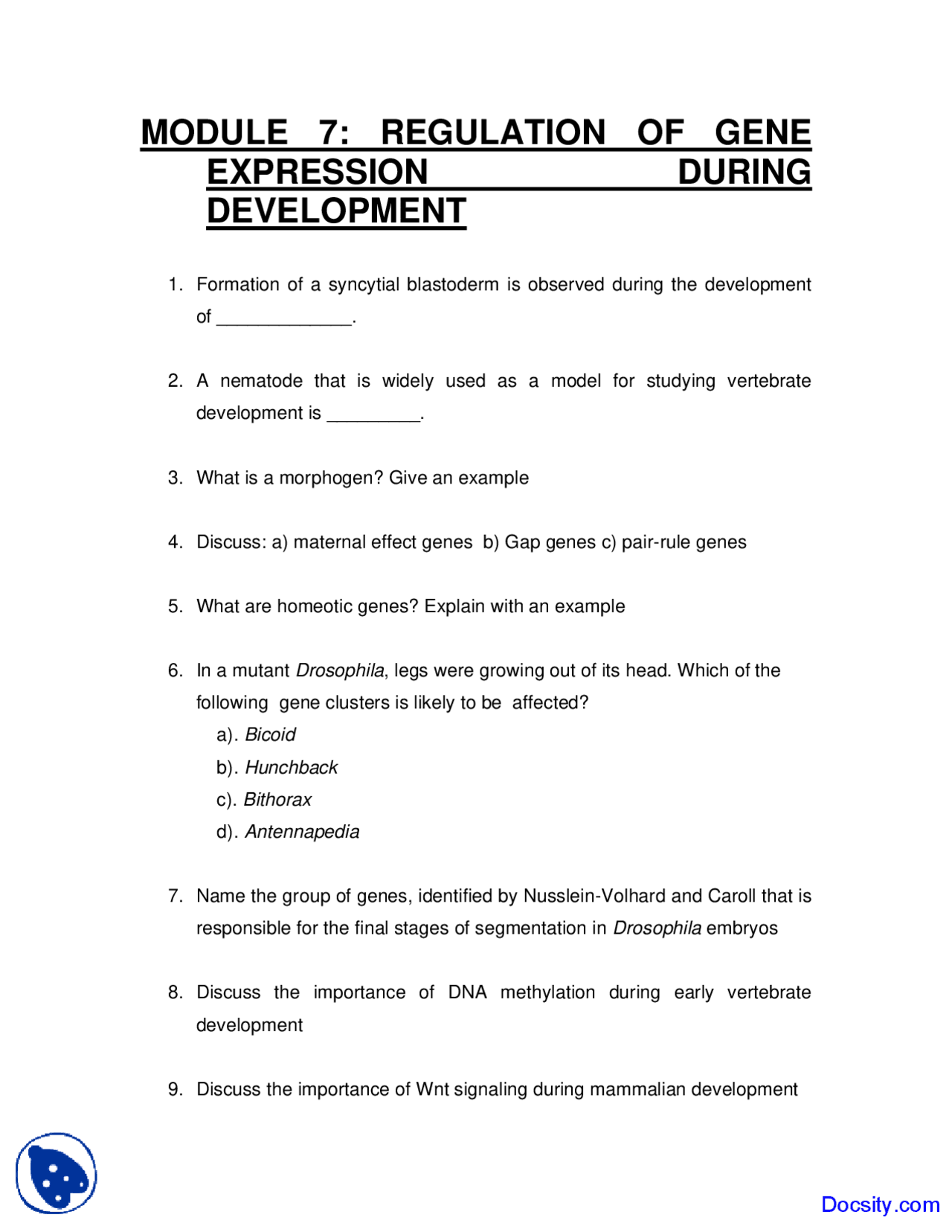 Gene Expression Development Biotechnology Quiz Docsity