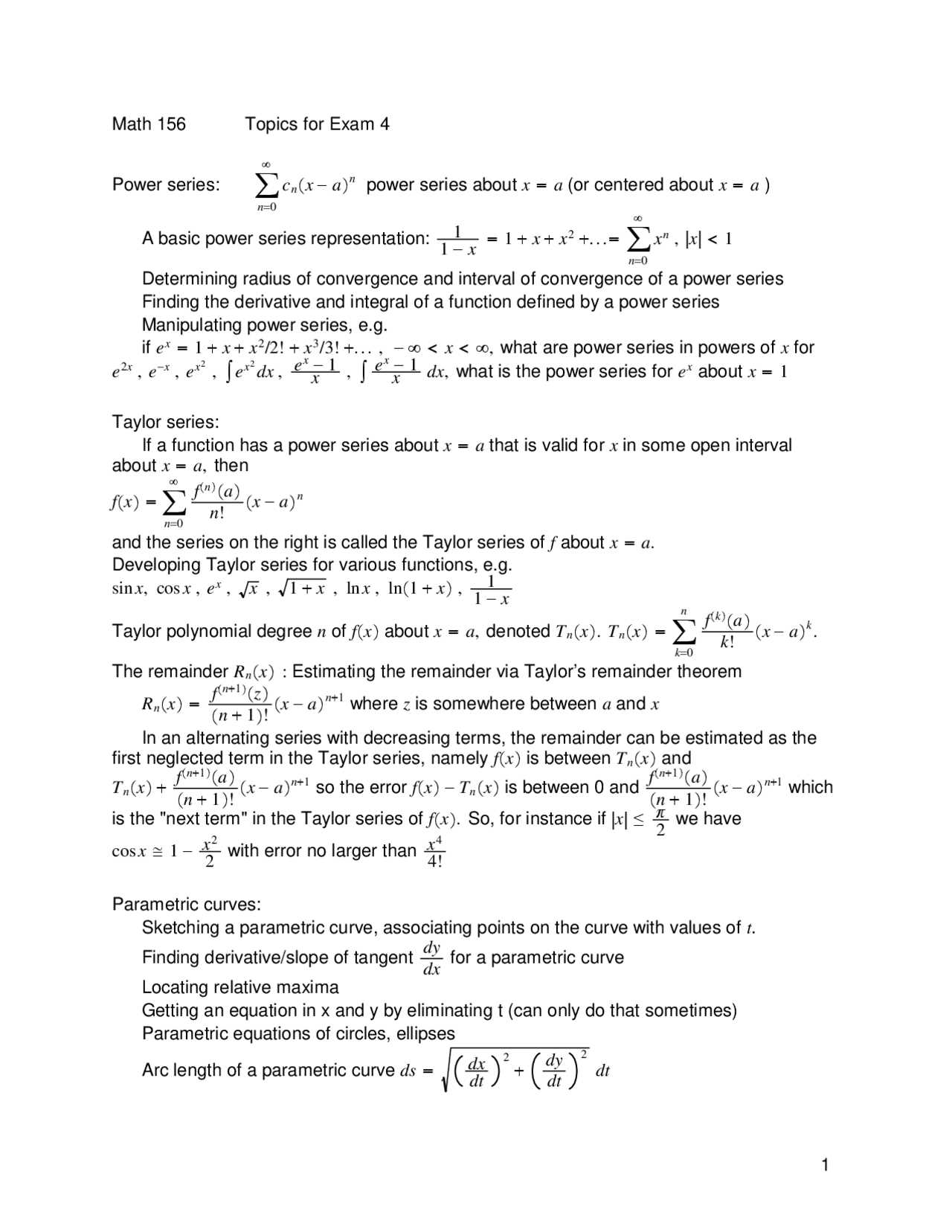 Power And Taylor Series Of Calculus 2 Exam 4 Math 156 Docsity
