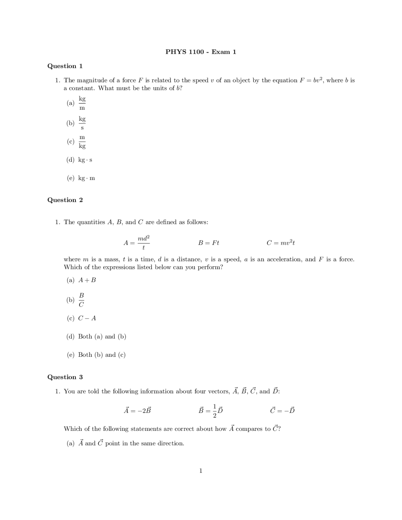 Questions For Exam 1 Introduction To Physics Phys 1100 Docsity