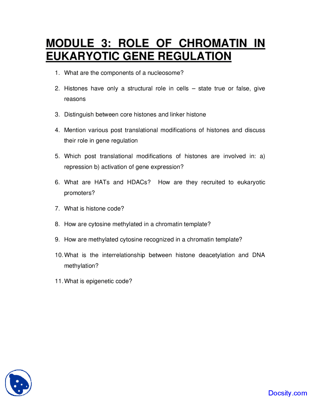 Eukaryotic Gene Regulation Biotechnology Quiz Docsity