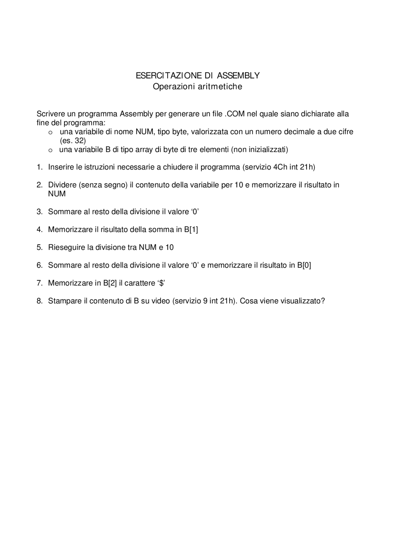 Operazioni Aritmetiche Assembly Esercizio 4 Architettura Dei