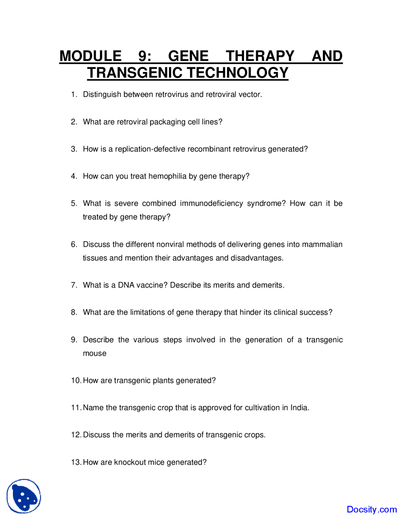 GENE Therapy - Biotechnology - Quiz | Exercises Biotechnology | Docsity