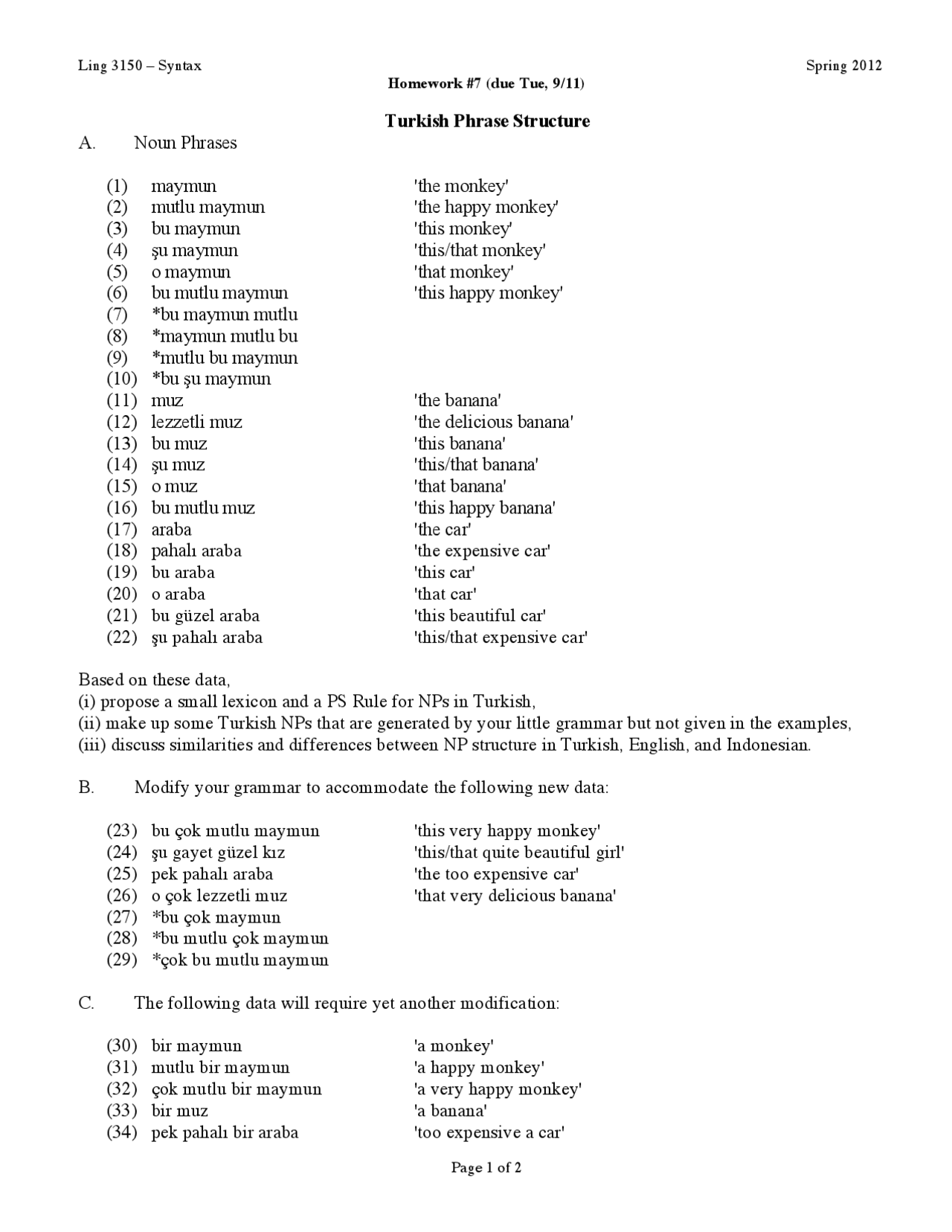 Turkish Phrase Structure Generative Syntax Lecture Notes Ling