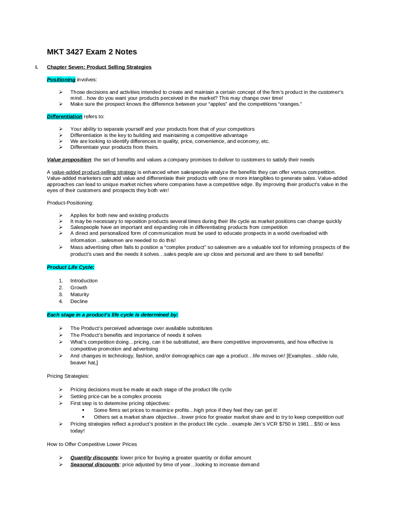 Notes On Product Selling Strategies Professional Selling Mkt 3427