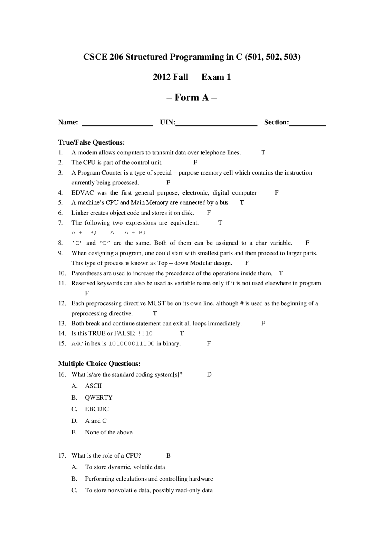 Exam 1 Form A Structured Programming C Csce 206 Docsity