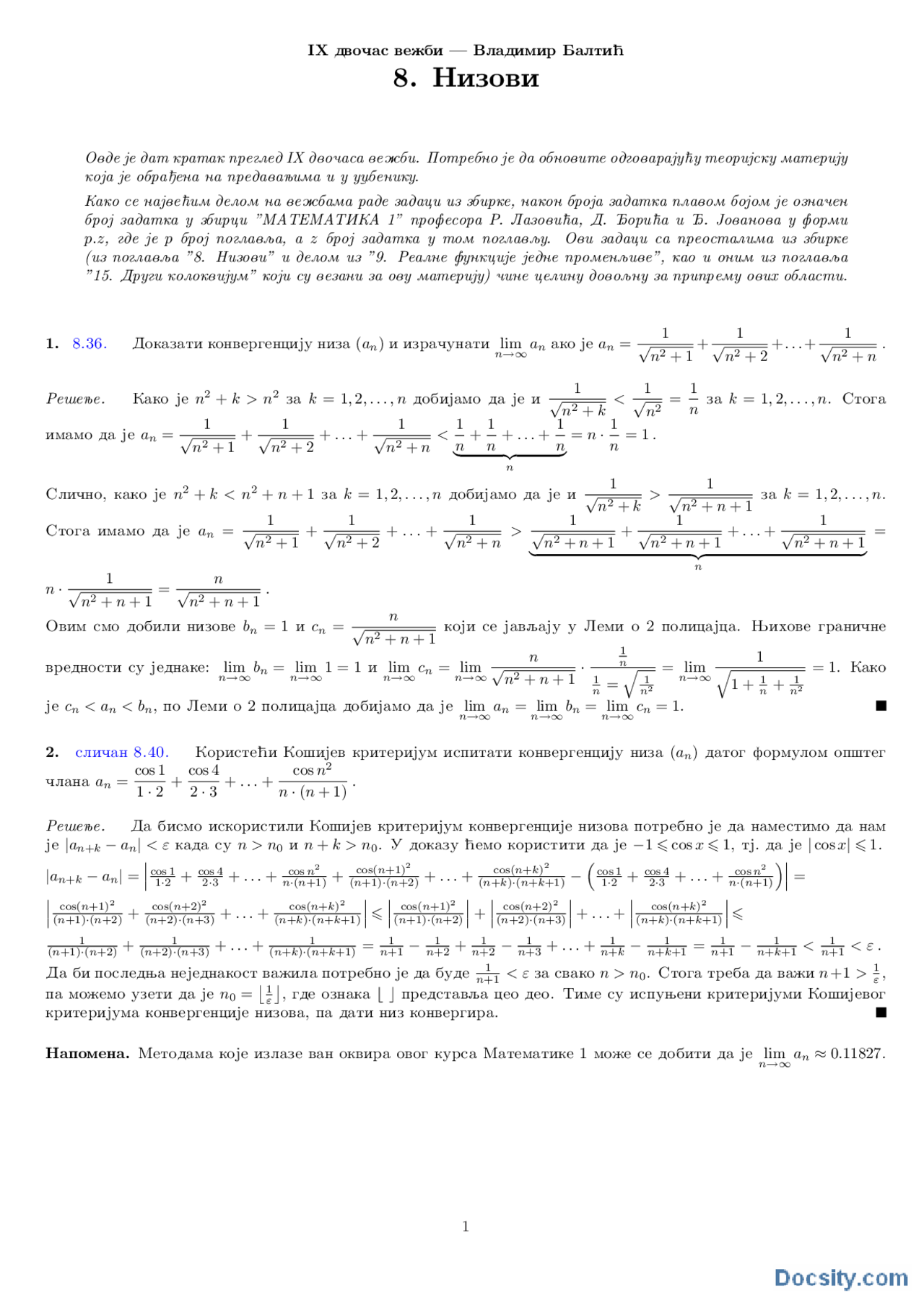 Nizovi Skripta Matematika 1 Fon 02 Rezime Predlog Matematika Docsity