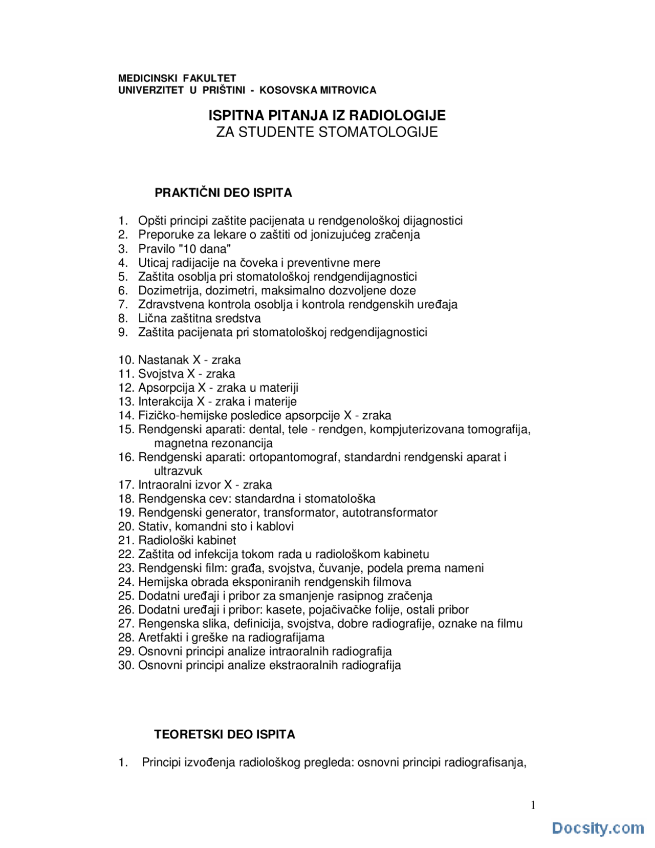 Ispitna pitanja stomatologija-Ispit-Radiologija-Medicina | Ispiti' predlog Radiologija - Docsity