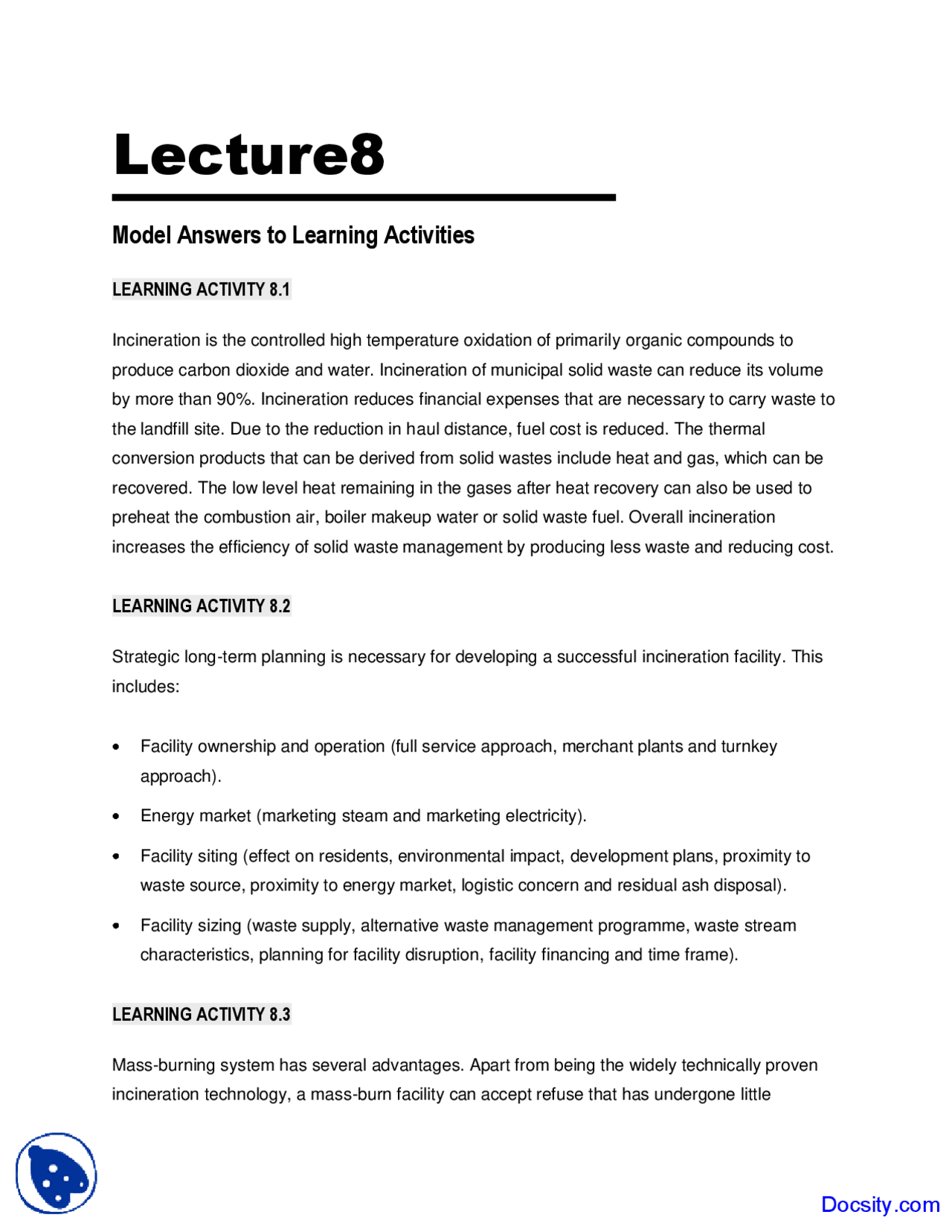 Icineration Environmental Sciences Solved Quiz Docsity