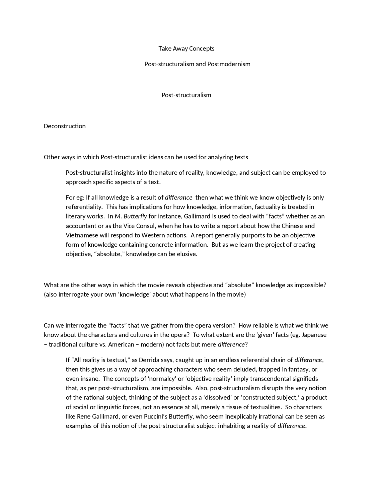 Take Away Concepts Post Structuralism And Postmodernism E 341 Docsity