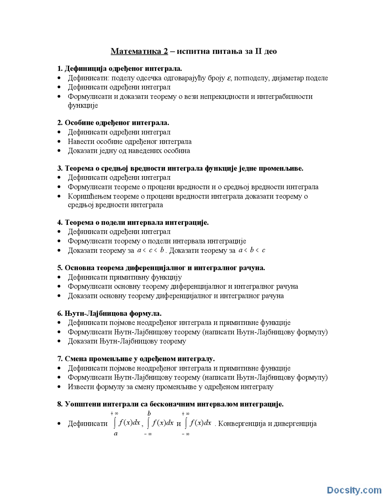 Ispitna Pitanja Ispit Matematika Ii Fon 2 Ispiti Predlog