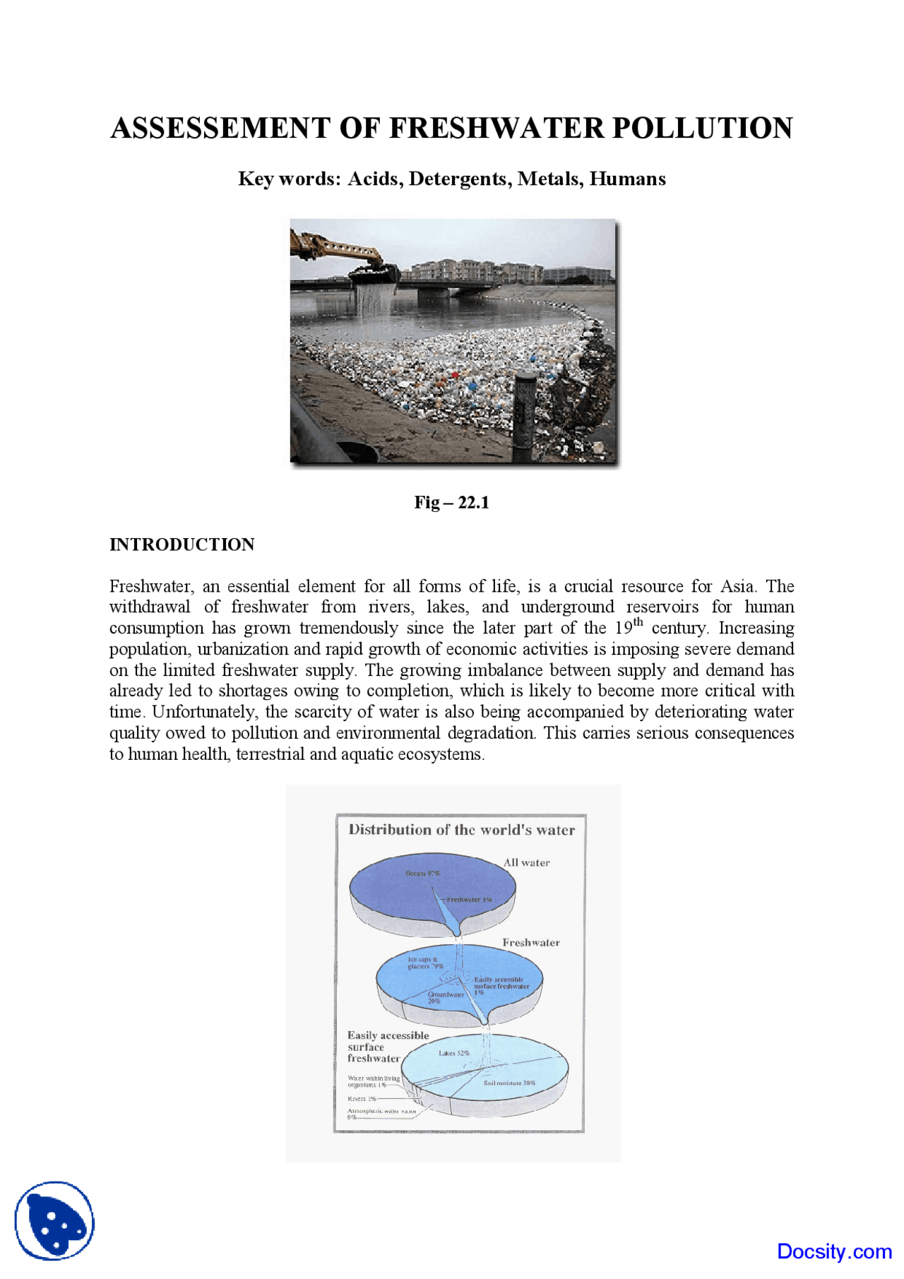 Fresh Water Pollution - Enviromental Sciences - Lecture Notes - Docsity