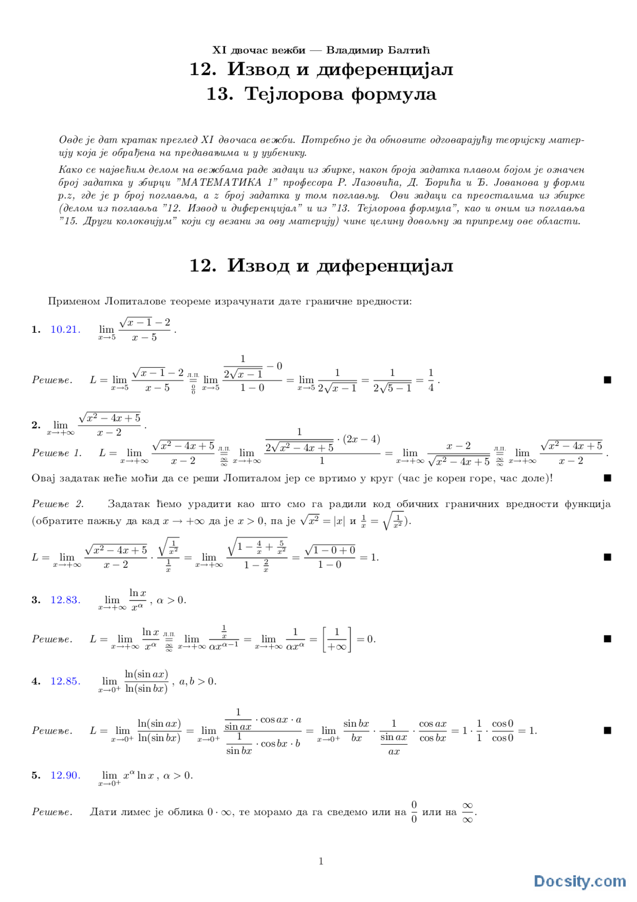 Izvodi I Diderencijal Skripta Matematika 1 Fon Rezime Predlog