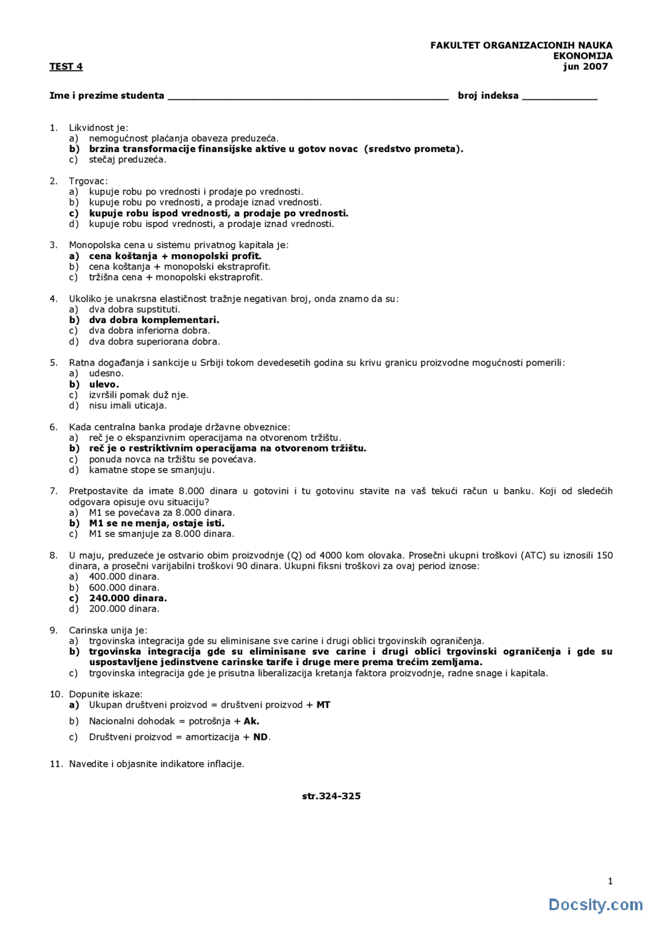 Test Junski Rok 2007 Ispit Ekonomija Fon 4 Ispiti Predlog