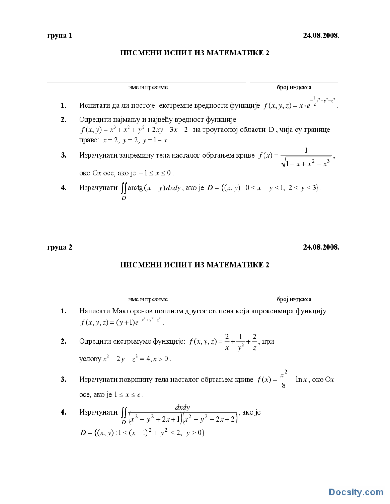 Testovi Iz 2008 Ispit Matematika Ii Fon 2 Ispiti Predlog
