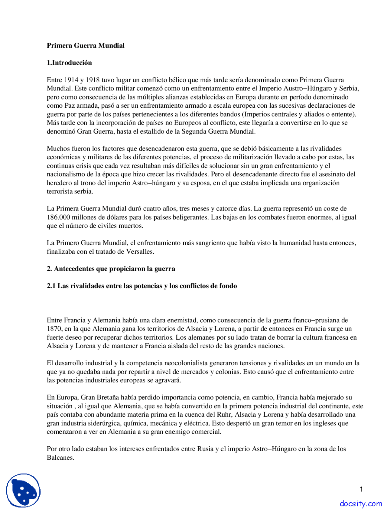 Primera Guerra Mundial Apuntes Historia Universal Docsity