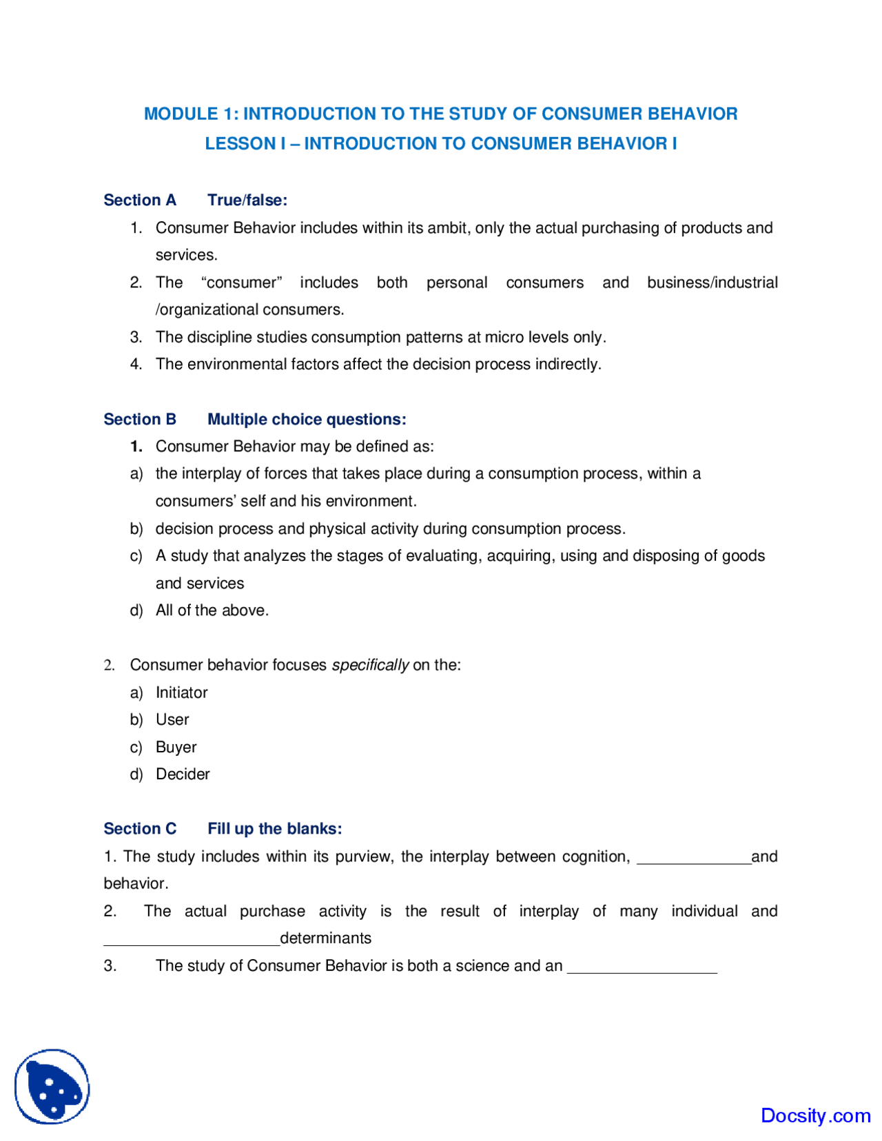 Introduction Of Consumer Behavior Consumer Behavior Quiz