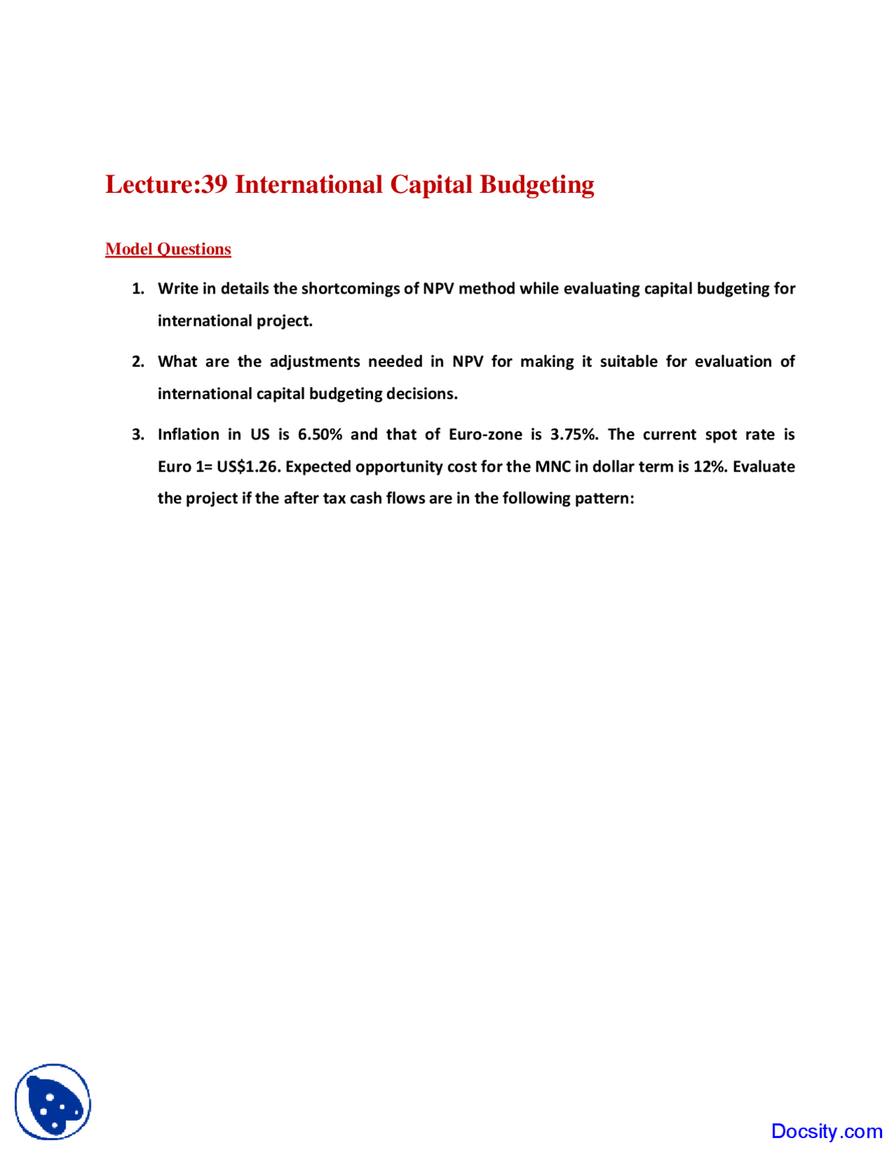 International Capital Budgeting - International Finance - Quiz ...