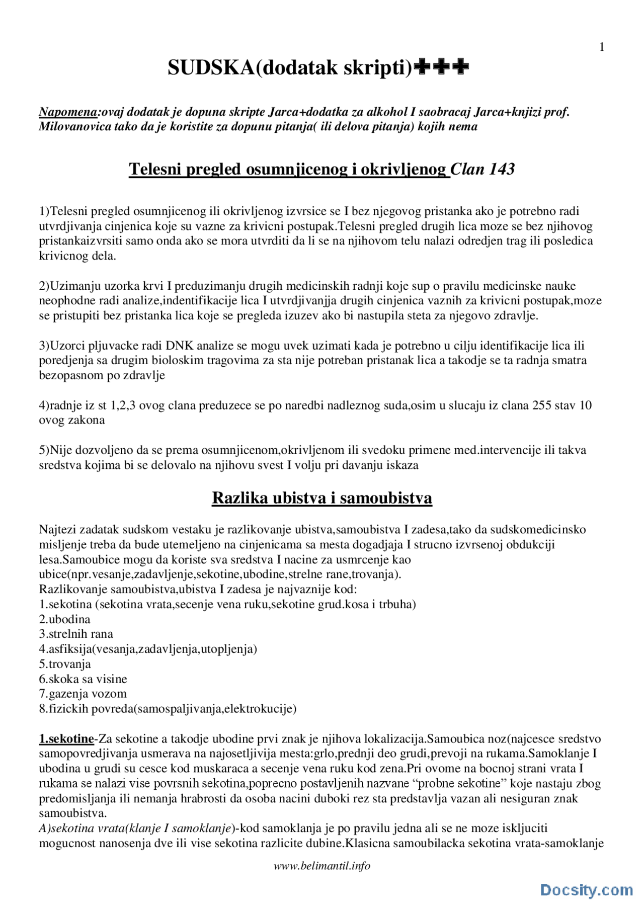 SUDSKA dodatak skripti-Skripta-Sudska medicina-Medicina | Rezime' predlog Sudska medicina - Docsity