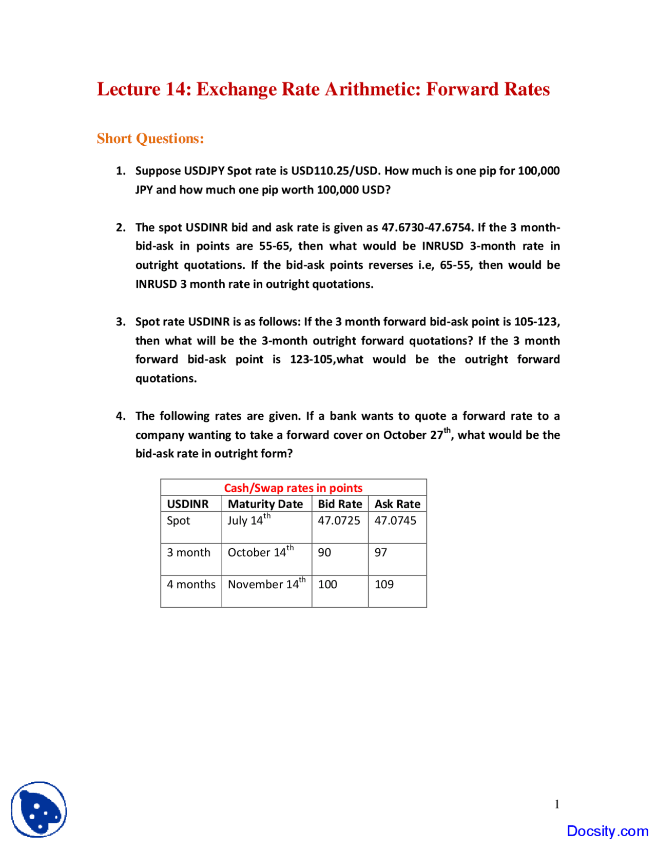 Exchange Rate Arithmetic - International Finance - Quiz - Docsity