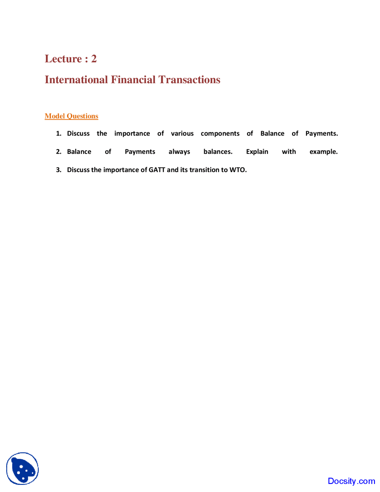 International Financial Transactions - International Finance - Quiz ...