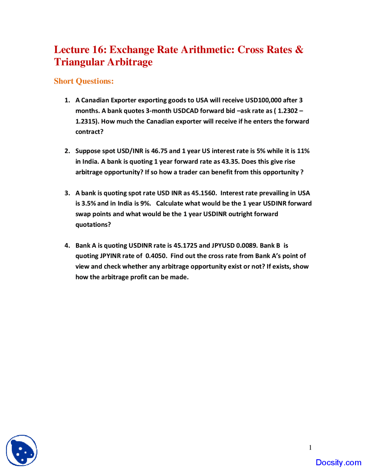 Cross Rates and Triangular Arbitrage - International Finance - Quiz ...