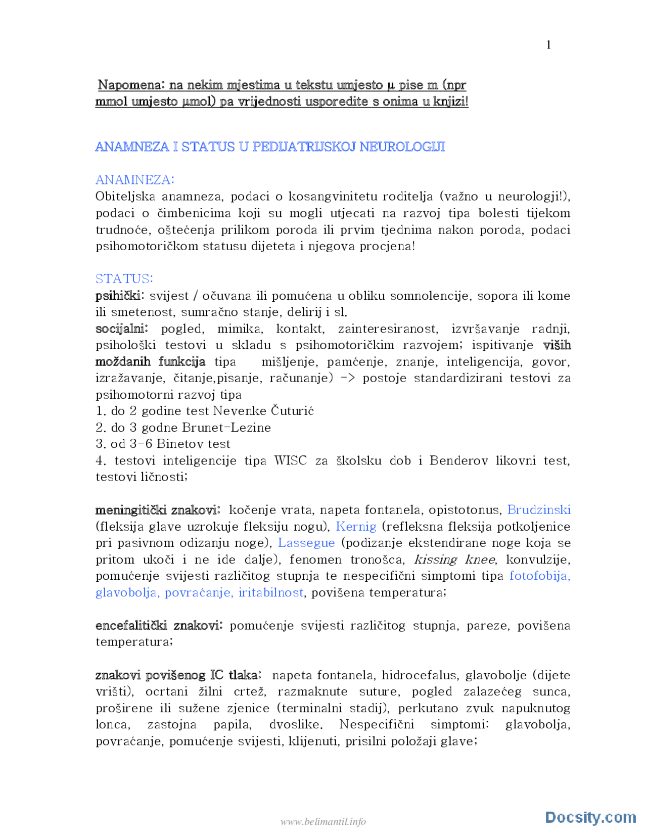 Neurologija-Skripta-Pedijatrija-Medicina | Rezime' predlog Pedijatrija - Docsity