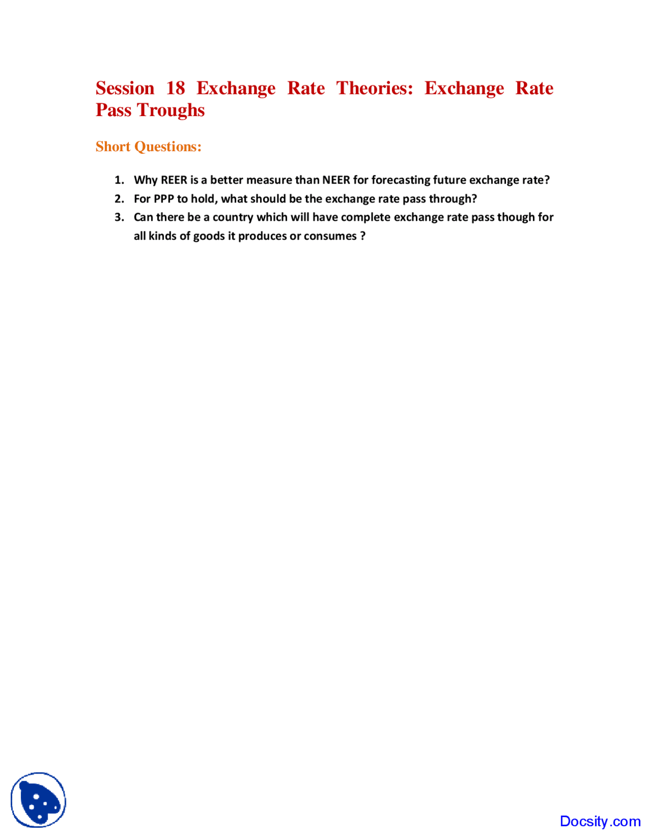 Exchange Rates Pass Troughs - International Finance - Quiz - Docsity