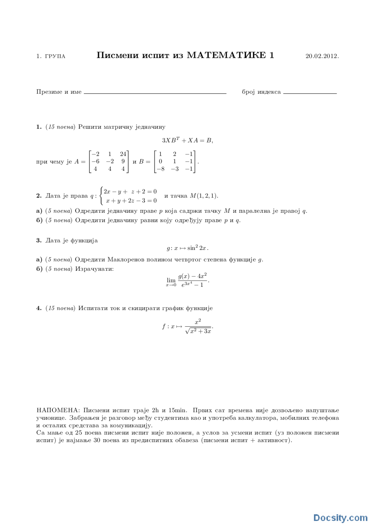 Pismeni ispit-Ispit-Matematika 1-Fakultet organizacionih nauka (2) | Ispiti' predlog Matematika ...