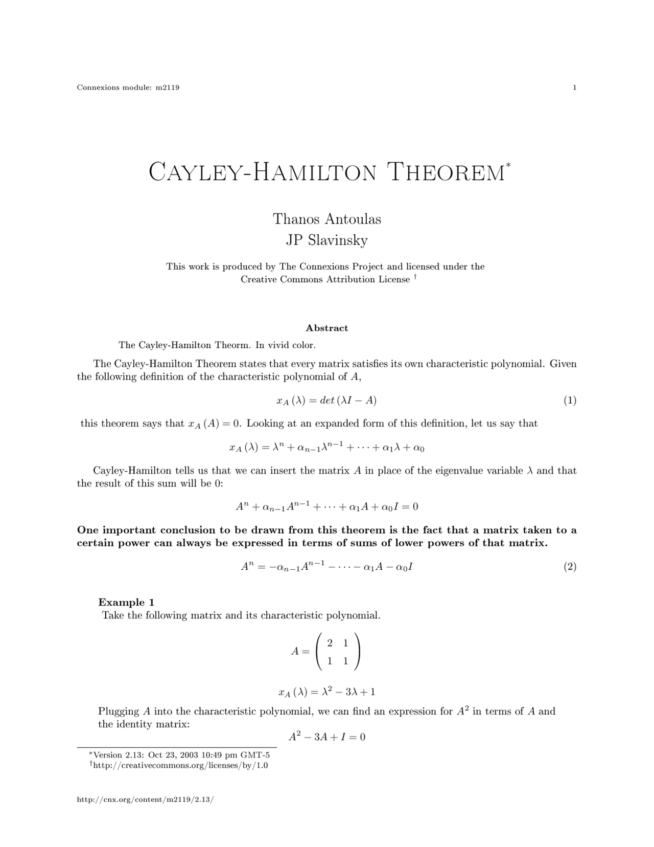 Cayley-hamilton theorem, college study notes - Cayley-hamilton - Docsity