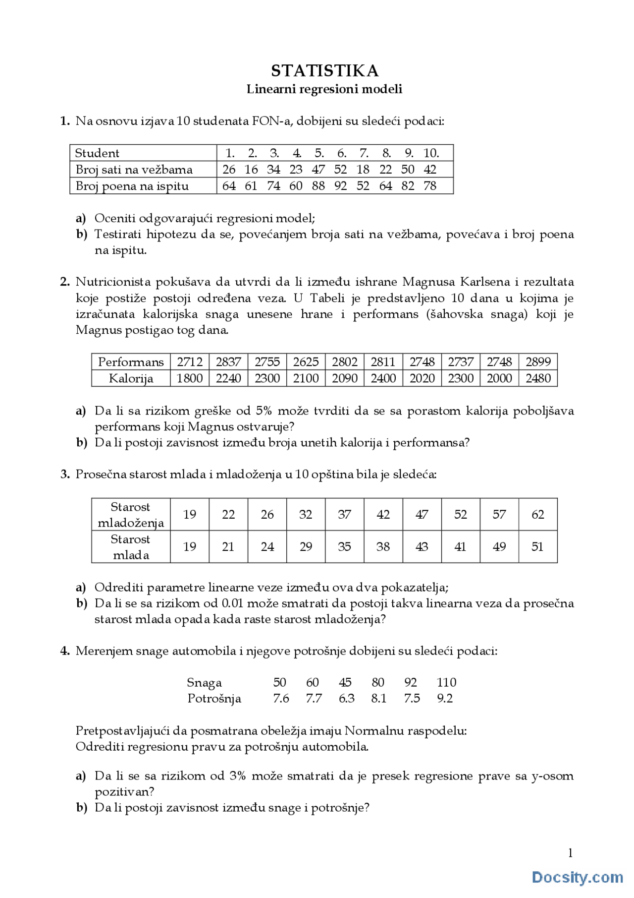 Regresija Zadaci-Vezbe-Statistika-Fakultet organizacionih nauka | Vežbe' predlog Osnovi ...
