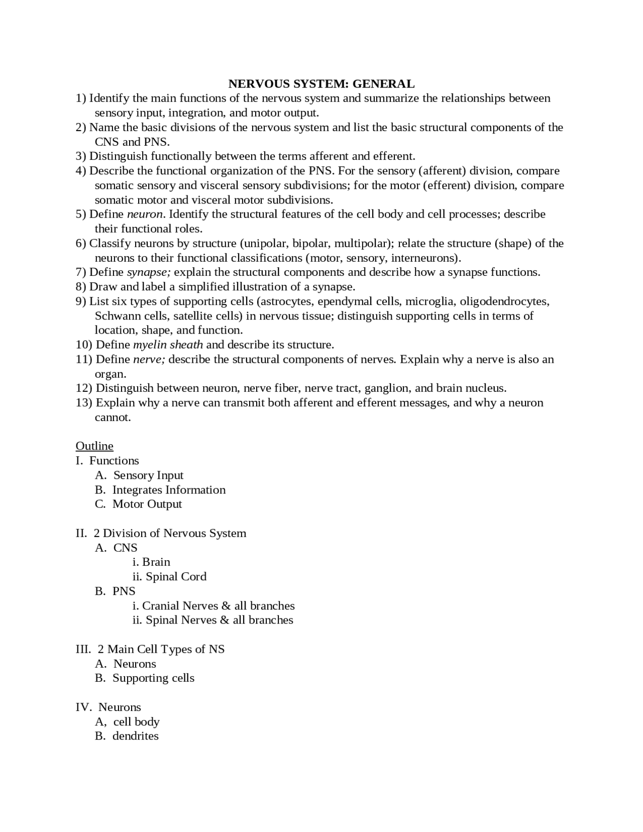 Outline For Nervous System Introduction To Human Anatomy Iphy 3410