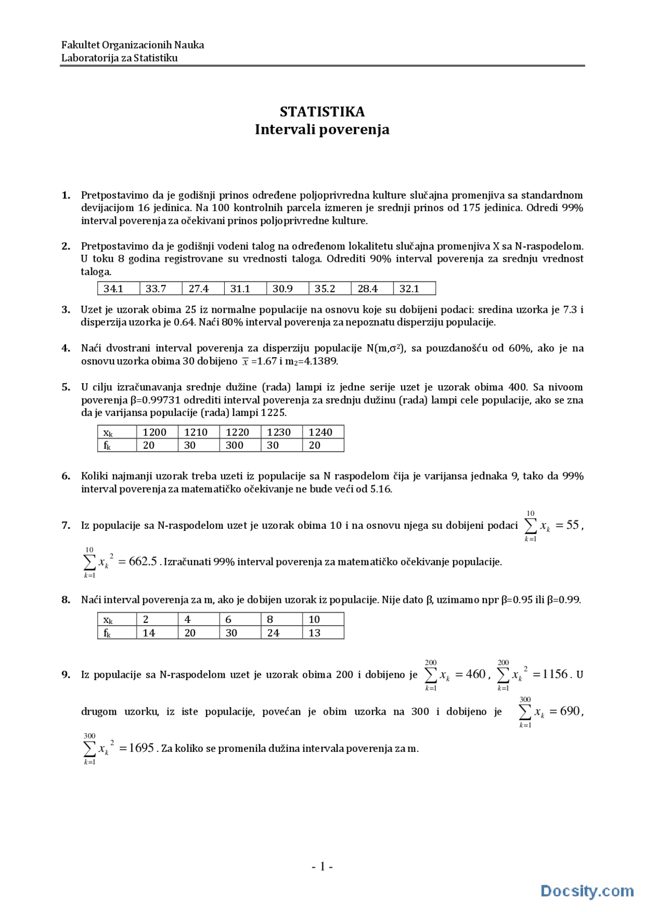 Intervali poverenja Zadaci-Vezbe-Statistika-Fakultet organizacionih nauka | Vežbe' predlog ...