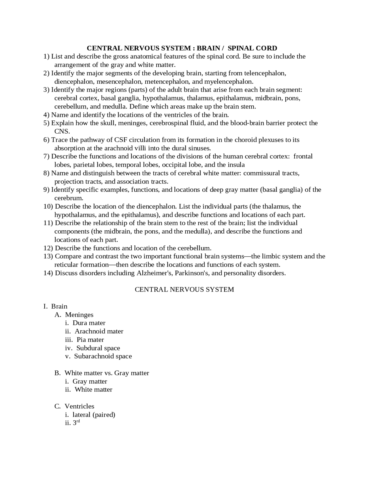 Central Nervous System: Brain and Spinal Cord - Study Guide | IPHY 3410 ...