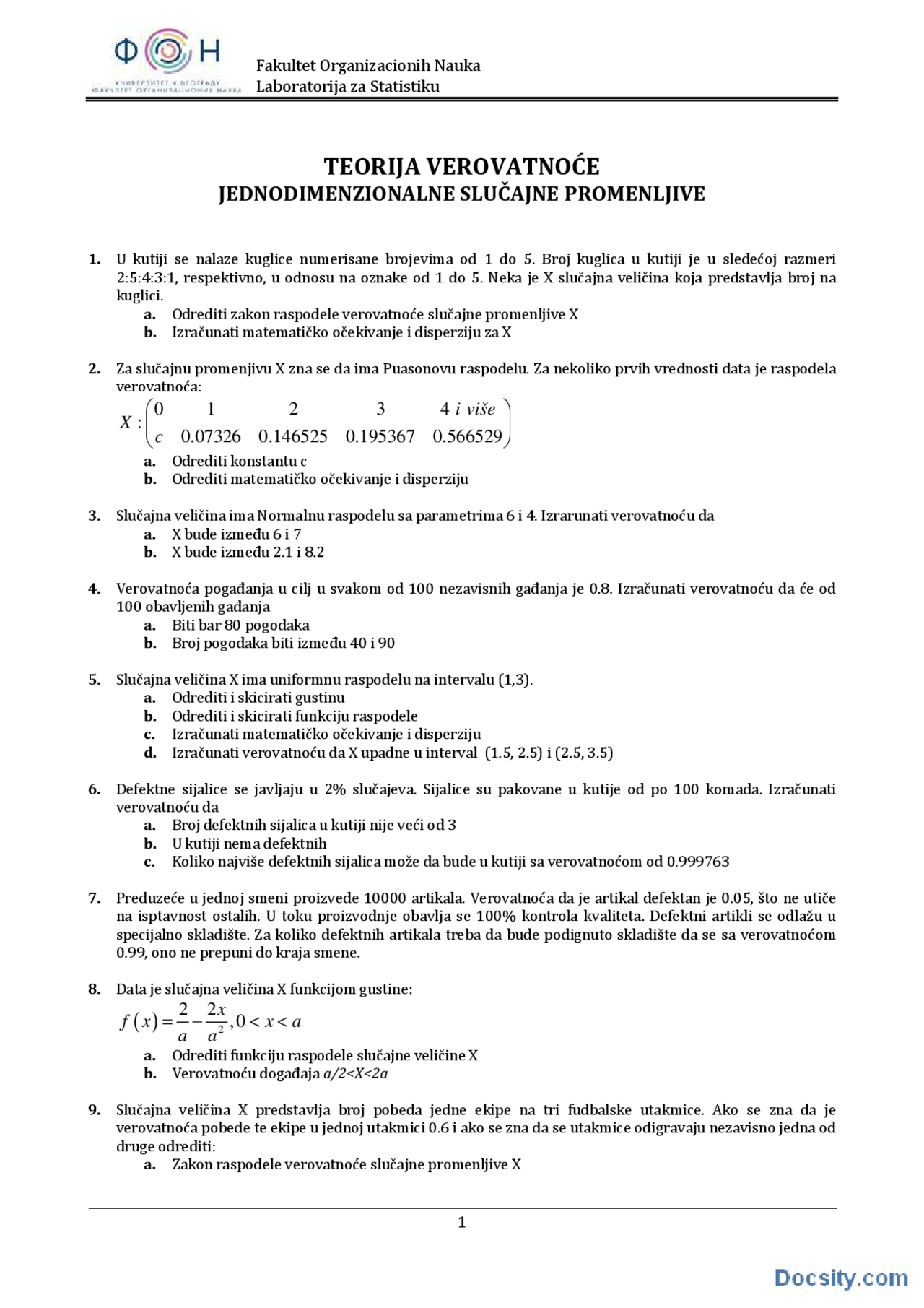 Jednodimenzionalne Slucajne Promenljive Zadaci-Vezbe-Statistika-Fakultet organizacionih nauka ...