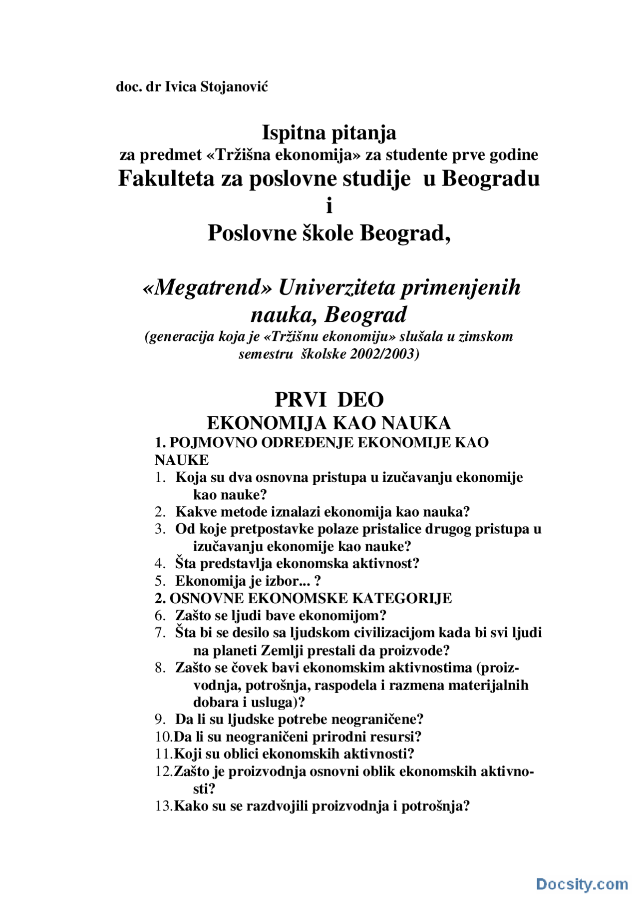 Ispitna pitanja-Ispit-Trzisna ekonomija-Menadzment | Ispiti' predlog Tržišna ekonomija - Docsity