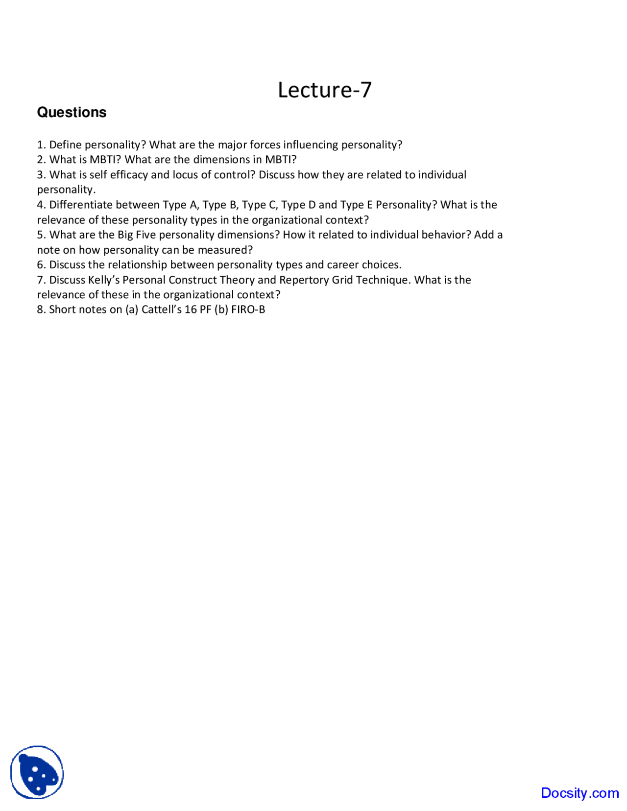 Dimensions In Mbt Organizational Behavior In Management Quiz Docsity