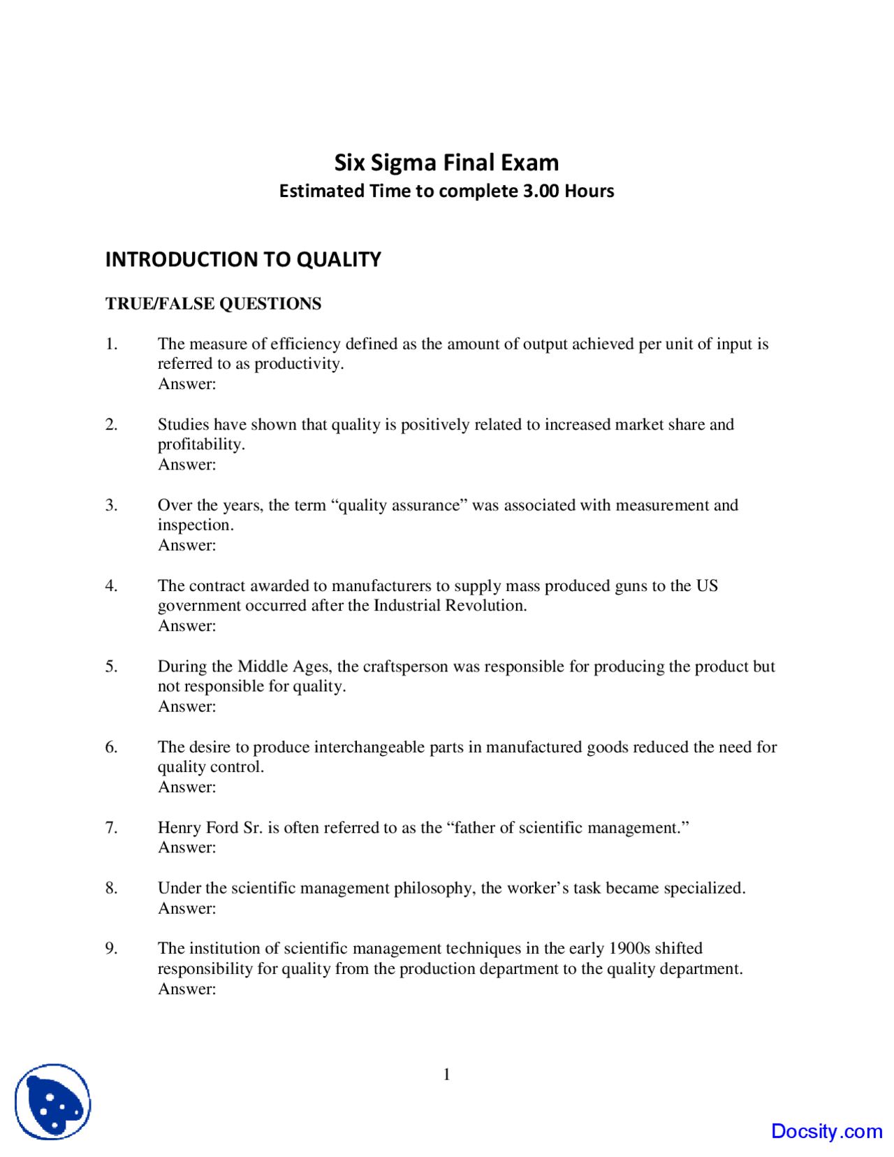 Introduction To Quality Six Sigma Quiz Docsity