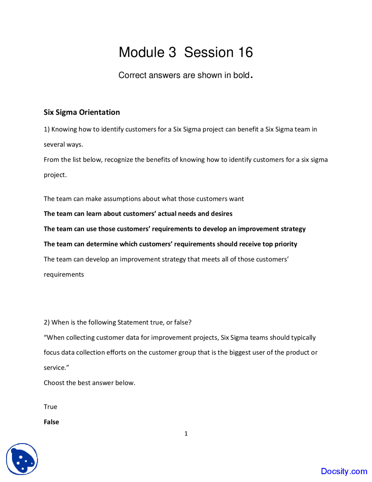 Six Sigma Orientation - Six Sigma - Solved Quiz - Docsity