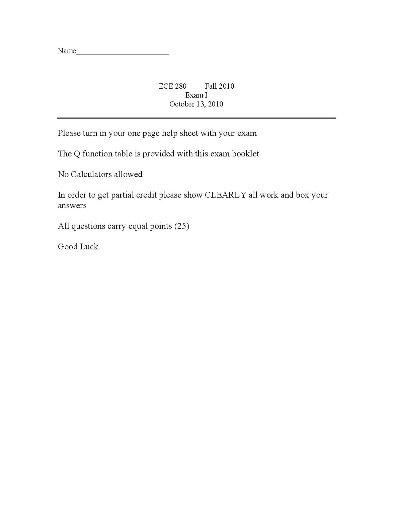 Electrical Engineering Analysis Exam 1 Questions Ece 280 Docsity