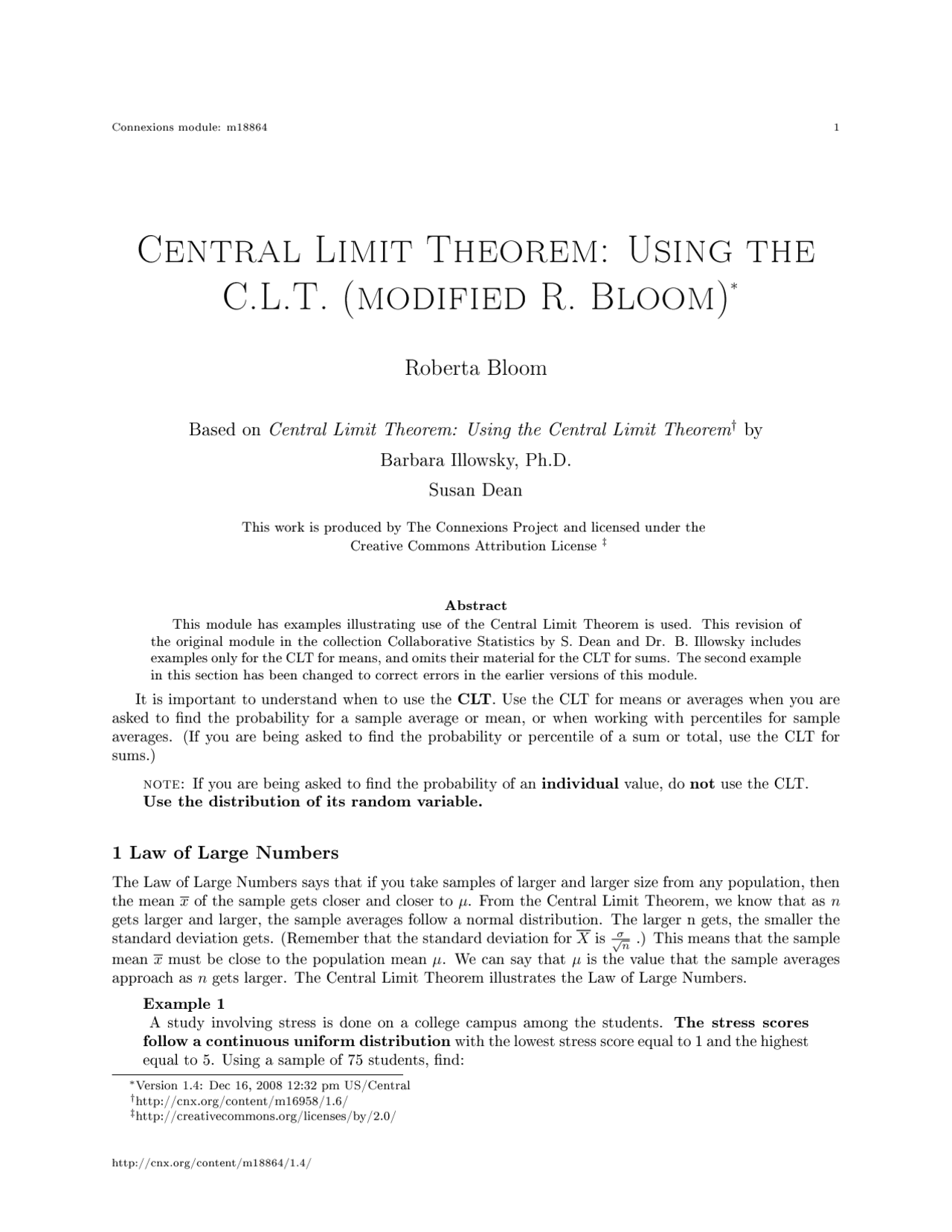 Central limit theorem using the clt. (modified R. Bloom) - Docsity