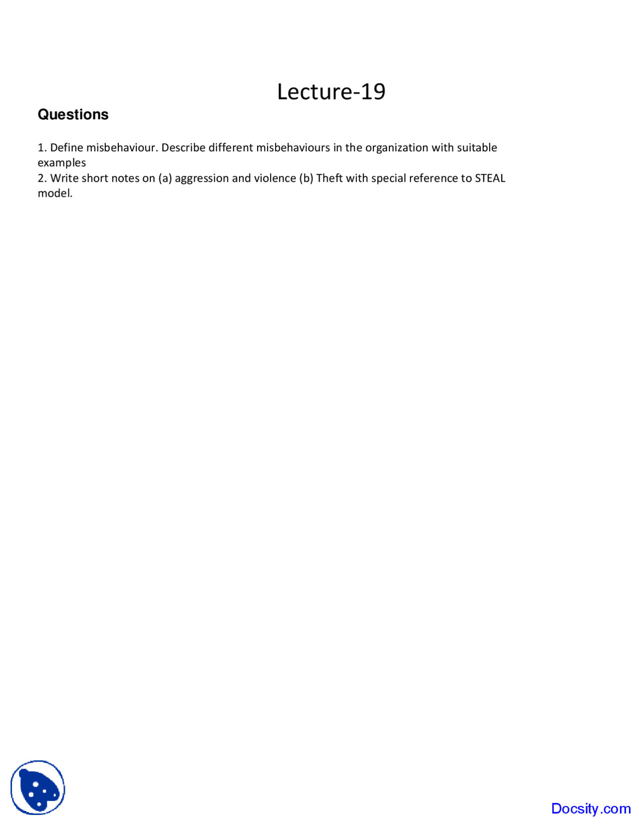 Misbehaviour Organizational Behavior In Management Quiz Docsity