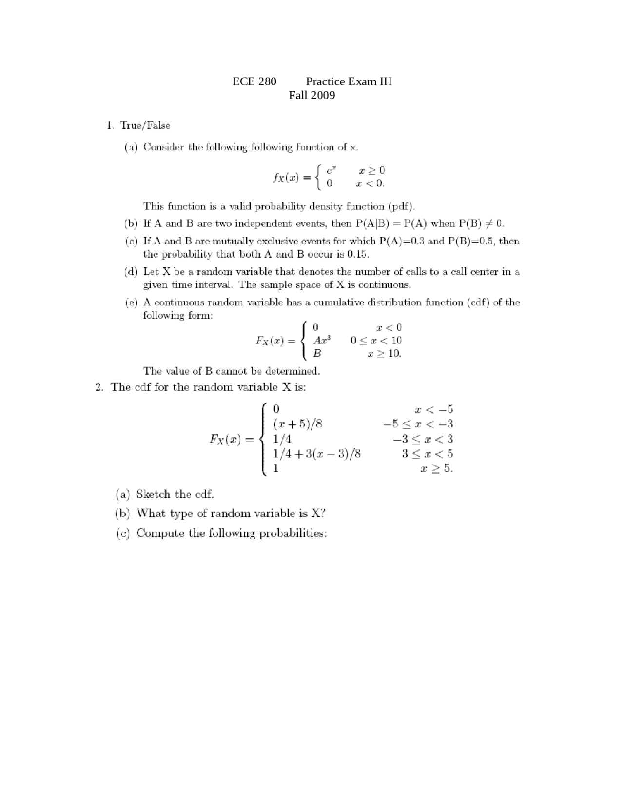 Past Exam 1 For Electrical Engineering Analysis Ece 280 Docsity