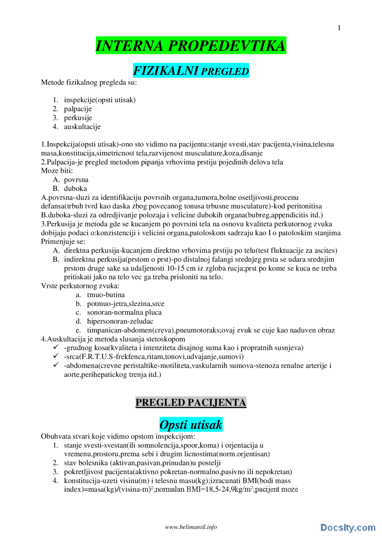 Interna propedevtika-Skripta-Interna medicina-Medicina | Rezime od Prva pomoć | Docsity